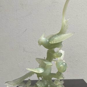 Stunning Chinese Hand Carved Green Jade Birds on a Branch on Wood Base ...