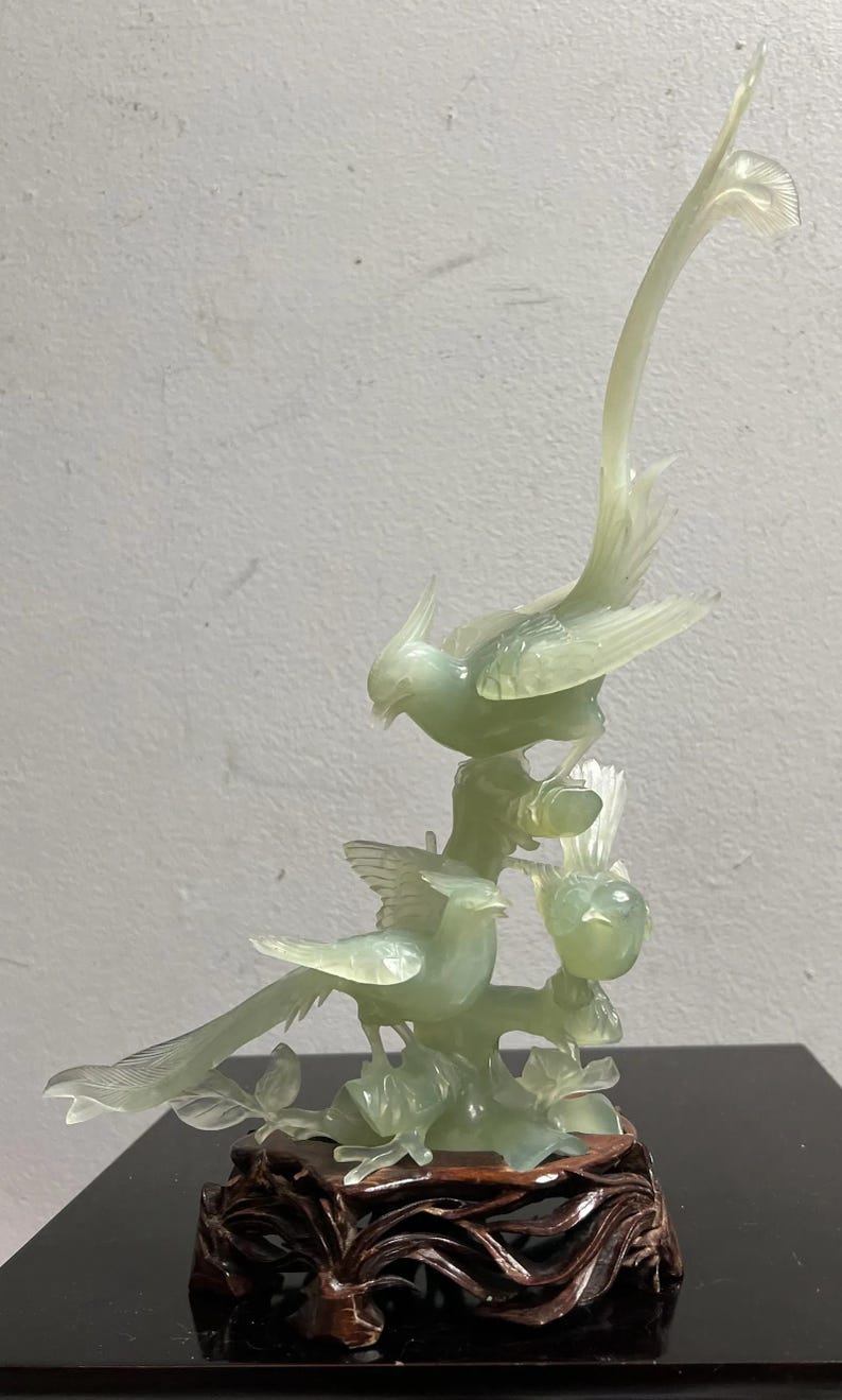 Stunning Chinese Hand Carved Green Jade Birds on a Branch on Wood Base ...