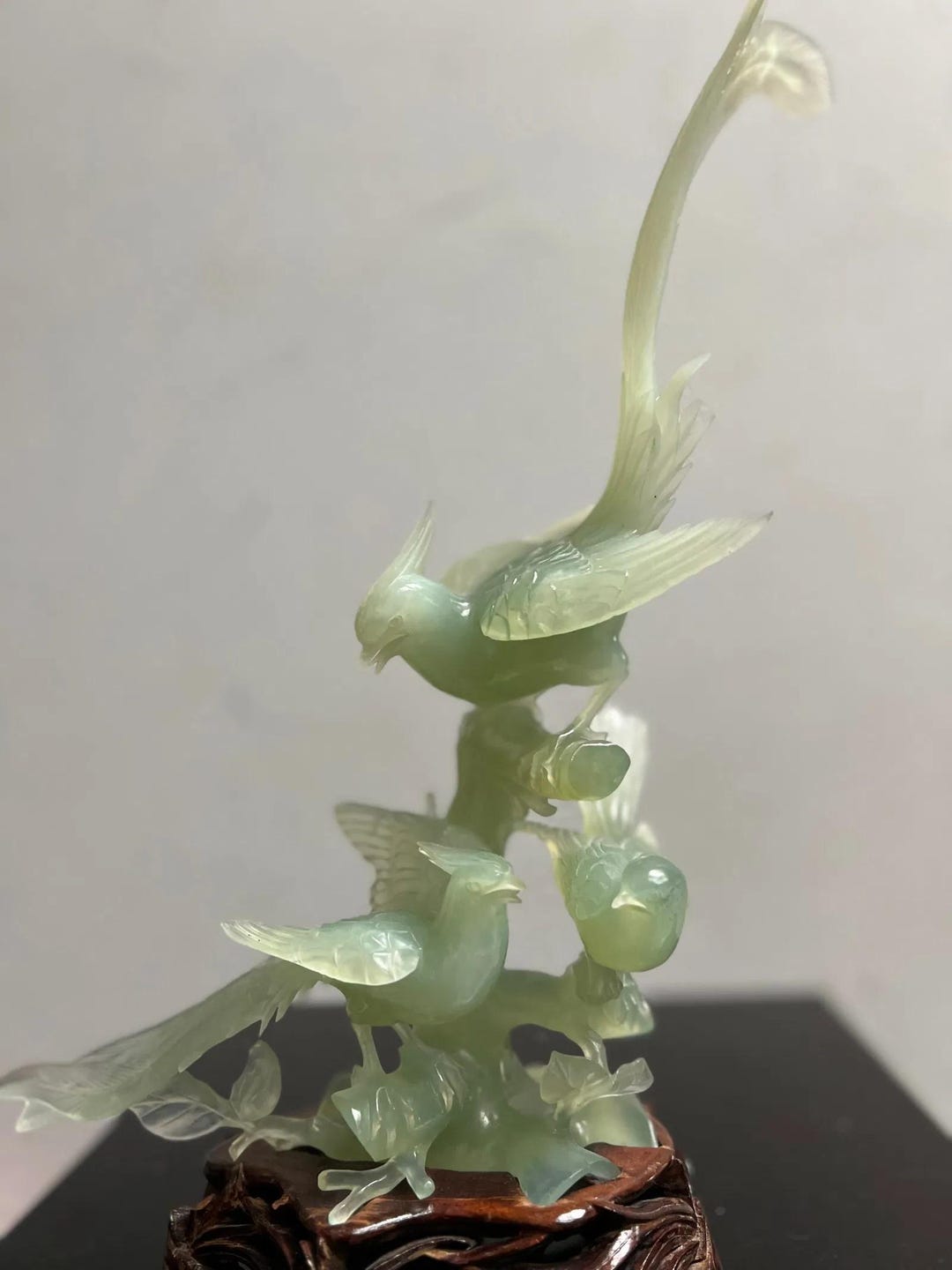 Stunning Chinese Hand Carved Green Jade Birds on a Branch on Wood Base ...