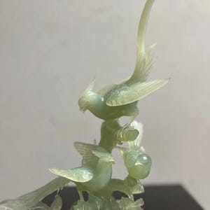 Stunning Chinese Hand Carved Green Jade Birds on a Branch on Wood Base ...