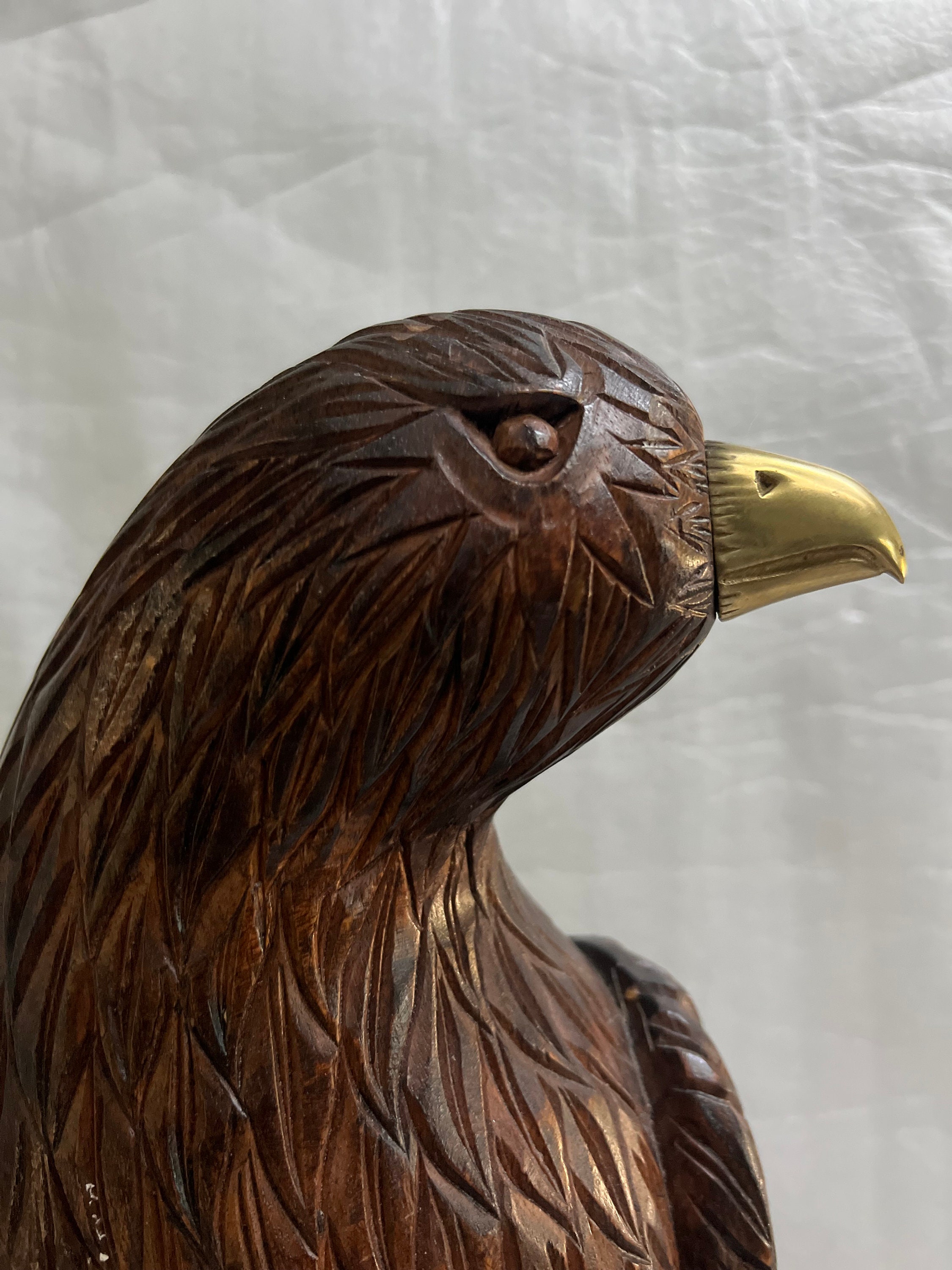 A Hand Carved and Contrastingly Stained Wood Eagle Perched on a Tree ...