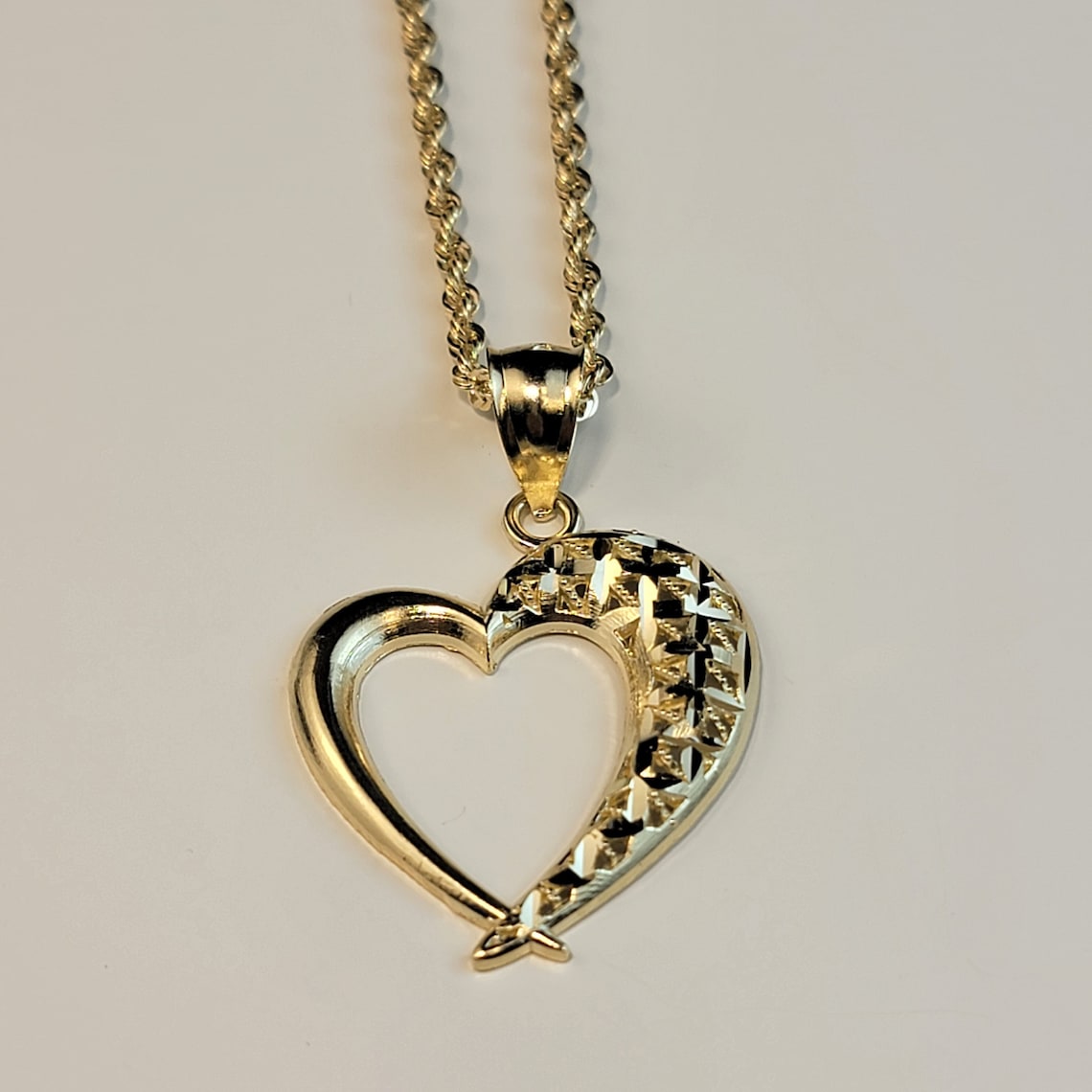 10K Real Gold Heart Pendant and Rope Chain Diamond Cut - Etsy