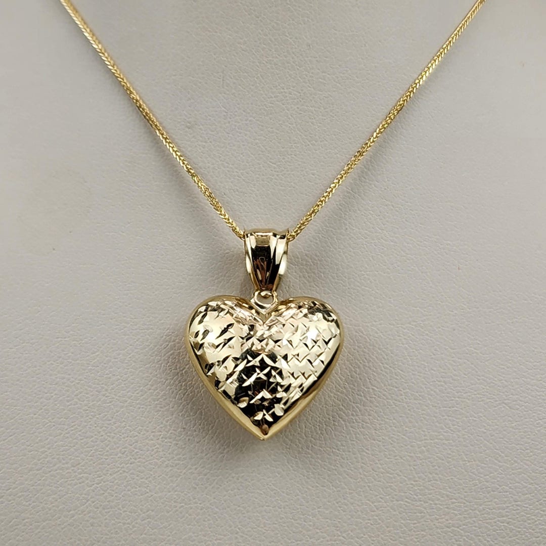 Puffed Heart Pendant, 14K Real Gold Heart Necklace, Diamond Cut 3D Gold ...
