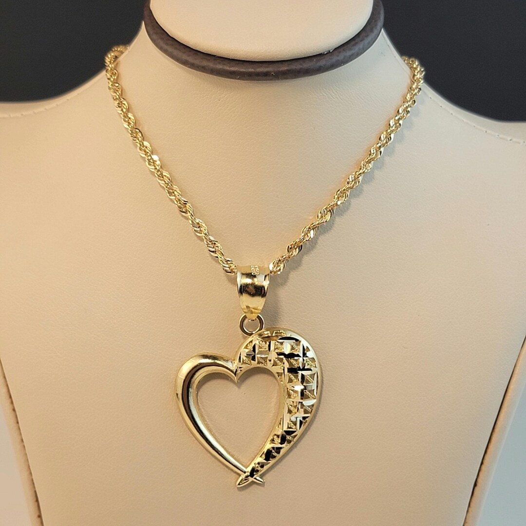 10K Real Gold Heart Pendant and Rope Chain, Diamond Cut Necklace Set ...