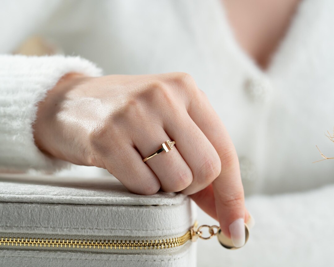 Open Bar T Ring, 14K Real Gold Double T Bar Ring With Shiny Stones, Dainty Open Front T Ring ...