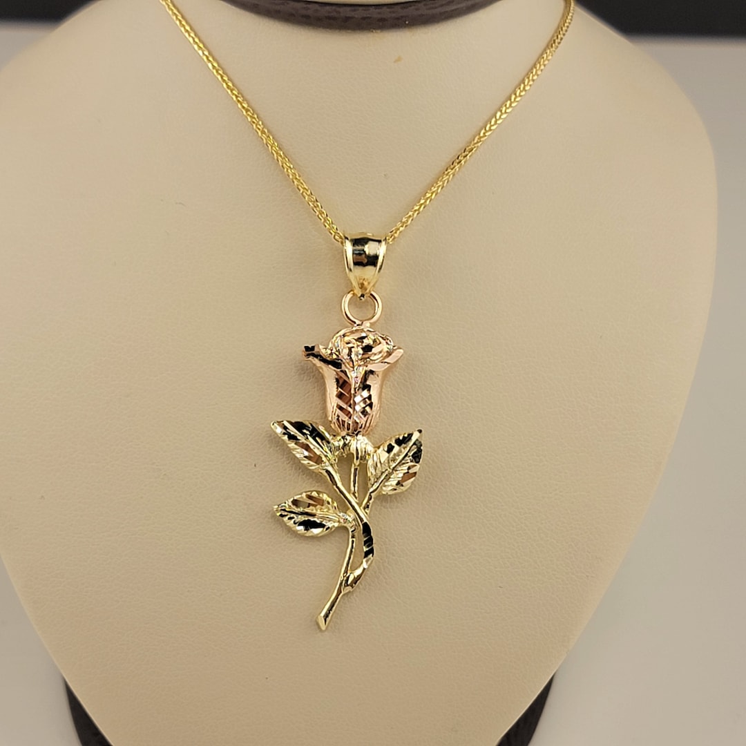 Rose Pendant and Gold Chain, 10K Real Gold Two Tone Rose Charm, Mom ...