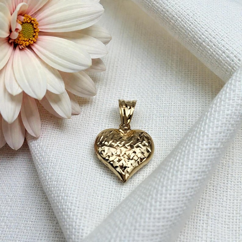 14K Real Gold Heart Pendant, Diamond Cut 3D Gold Puffed Heart Chain ...
