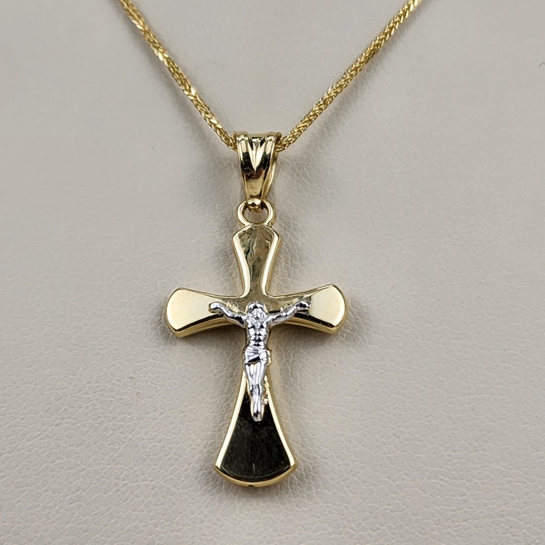 Crucifix Pendant With Chain, Jesus Cross 14K Necklace, Two Tone ...