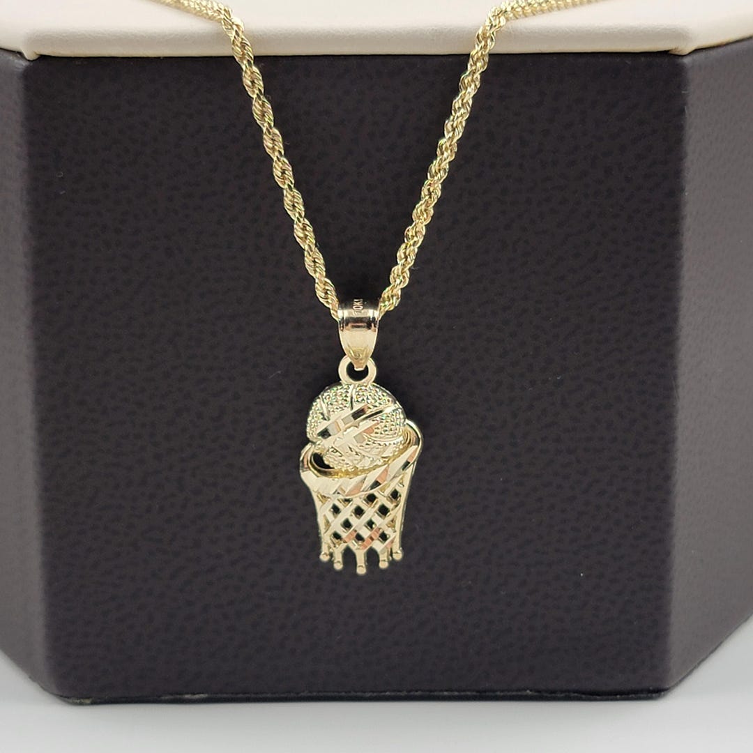 Basketball Hoop 10K Necklace, Gold Basketball With Basket Charm Pendant ...