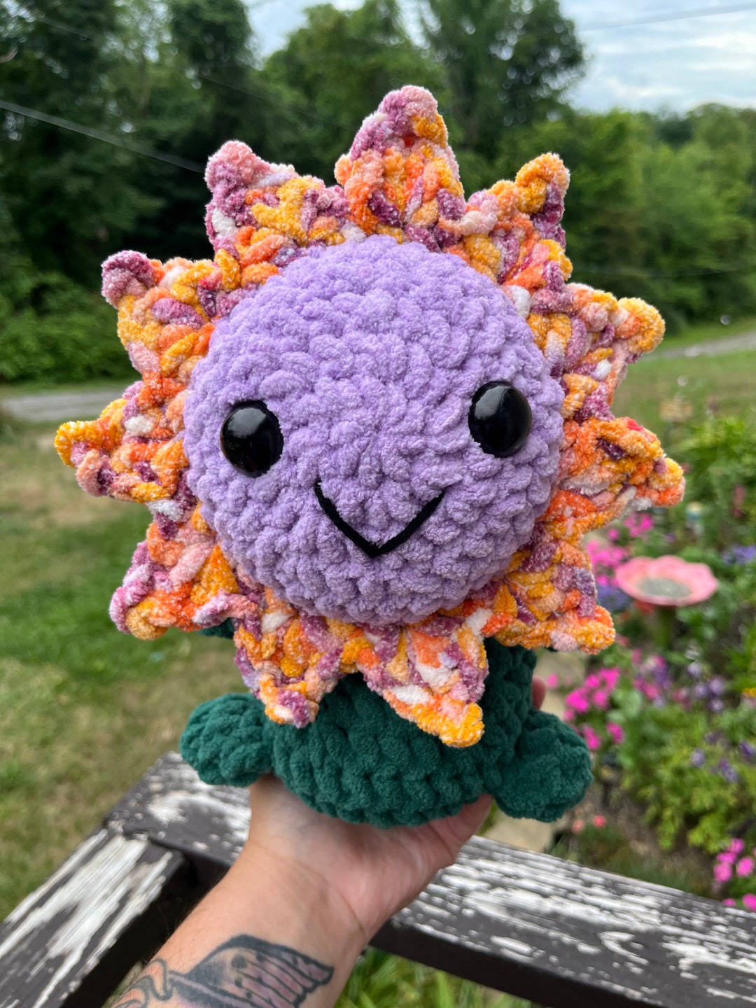 LARGE Sunflower Plant Buddy Purple Orange Handmade Crochet Amigurumi ...