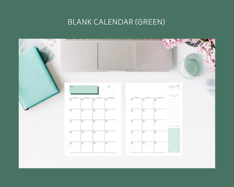 Blank Monthly Calendar Green digital Download - Etsy