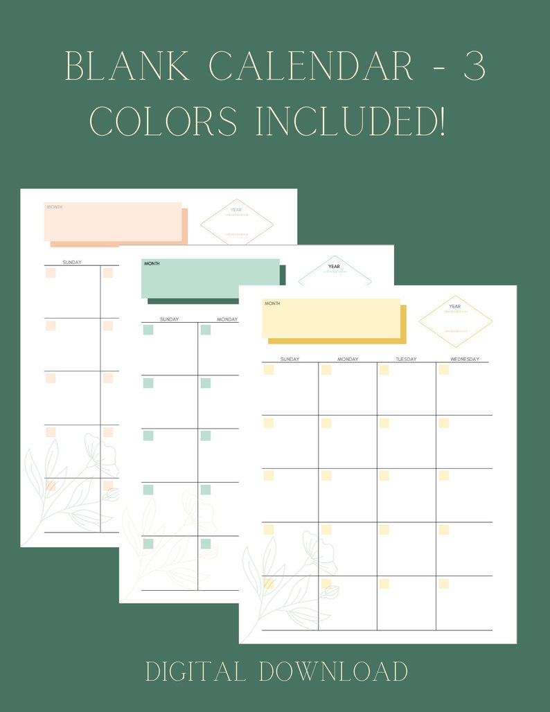 Blank Monthly Calendar 3 Colors digital Download - Etsy