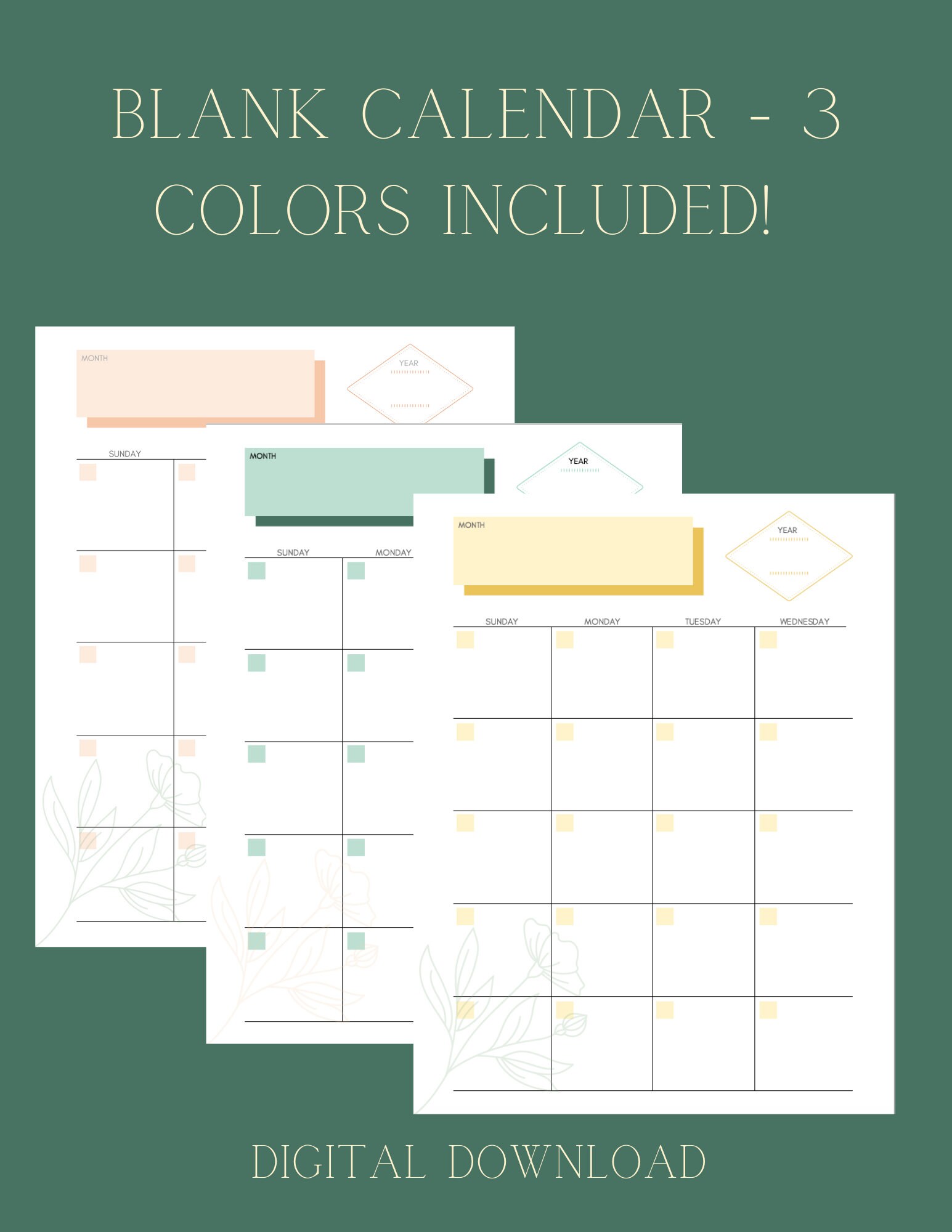 Blank Monthly Calendar 3 Colors digital Download - Etsy