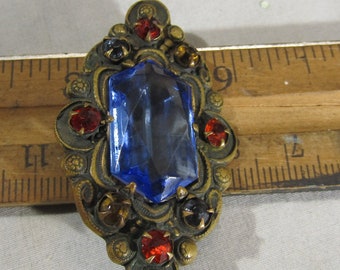 Vintage Signed Czech Brooch With a Raised Blue & Rainbow Glass Center ...