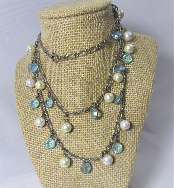 Bezel Set Chain Necklace With Clear Blue Crystals and Pearls - Etsy