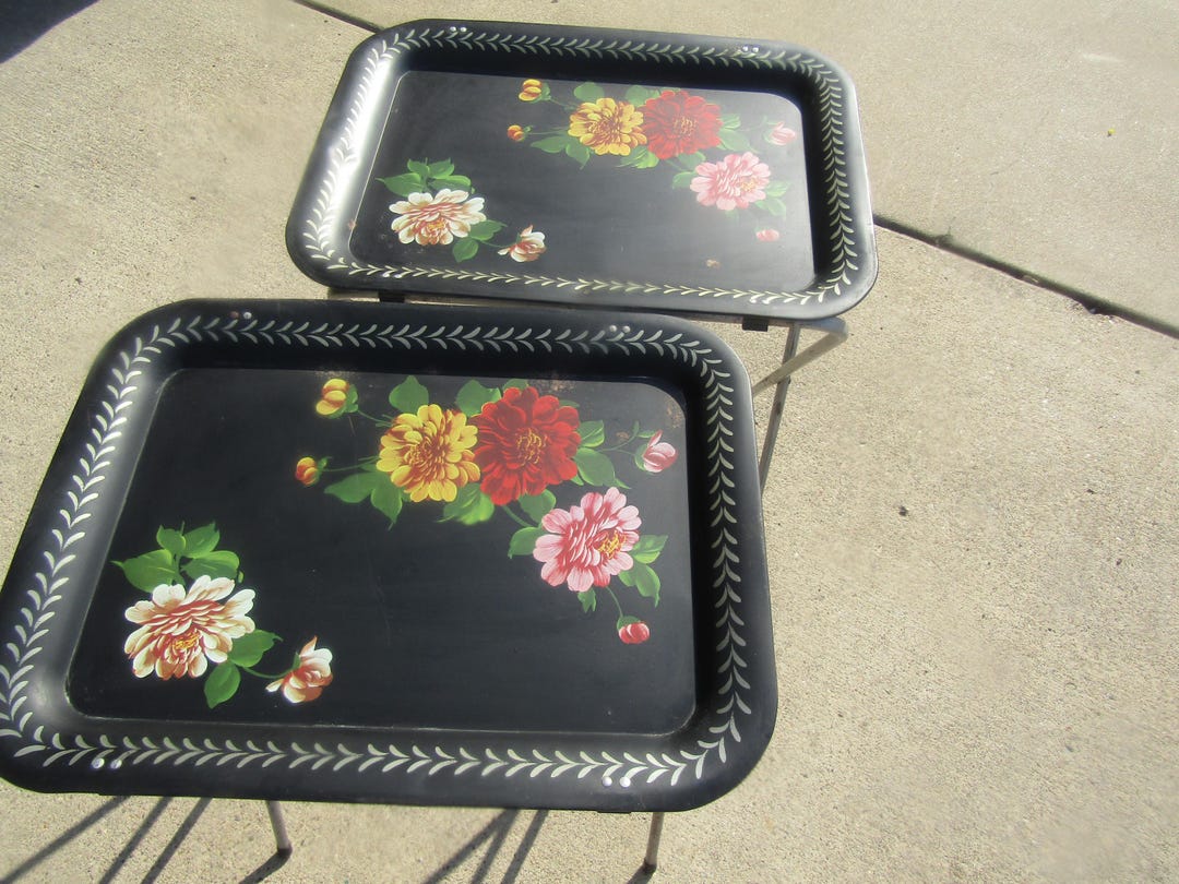 Vintage Black Tv Trays/flower Metal Trays - Etsy