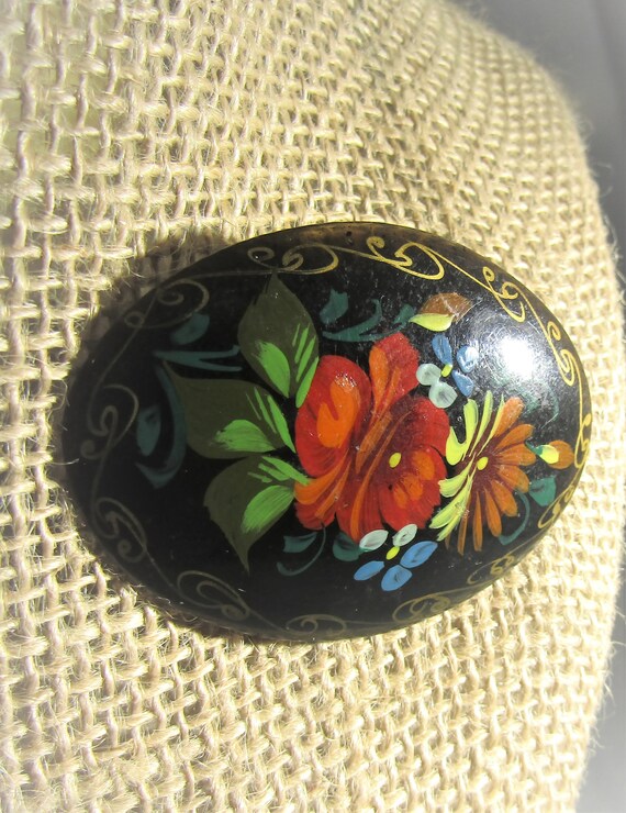 Vintage Black Hand Painted Brooch Signed - Etsy