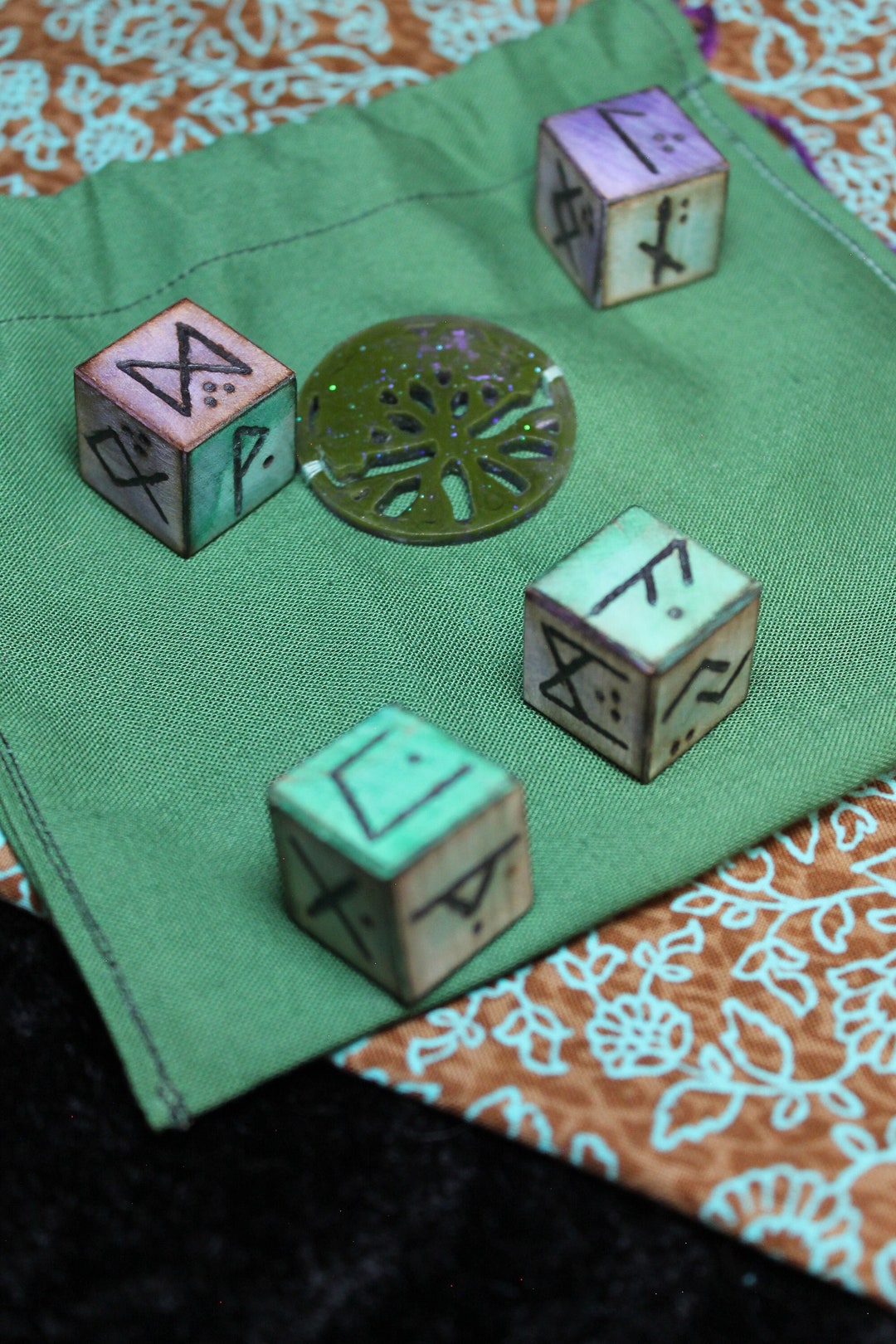 Wooden Elder Futhark Rune Dice. Wood Burned Pyrography Watercolor ...