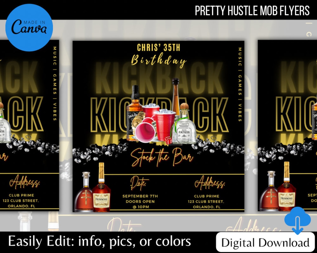 Kickback Party Flyer Template: Black and Gold Event Invite (DIY Canva ...