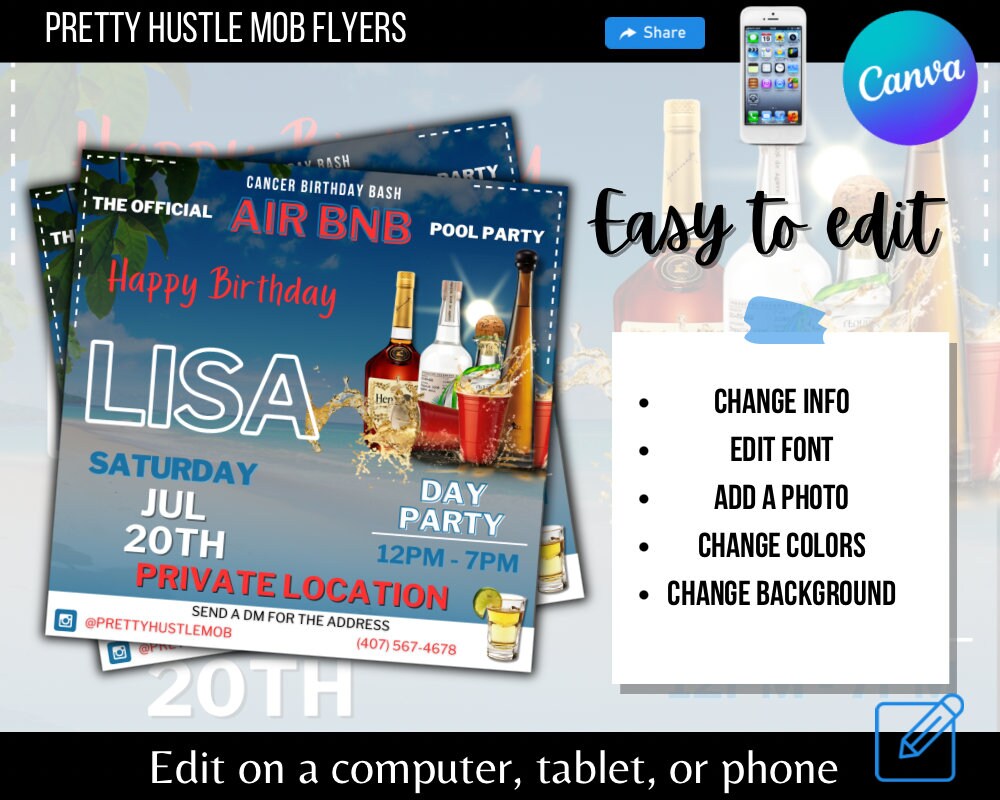 Summer Pool Party Flyer Template for Canva, DIY Air Bnb Flyer Template ...
