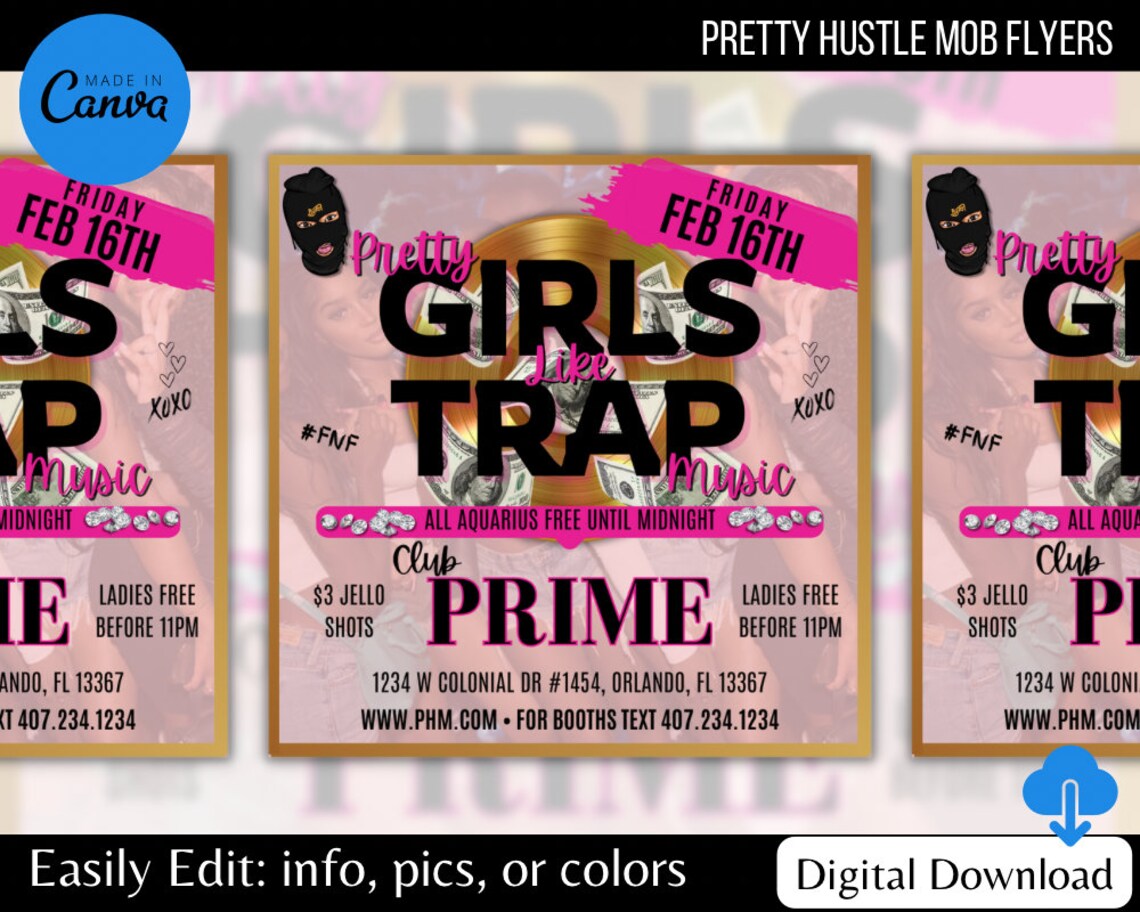 Pretty Girls Like Trap Music Flyer Template for Canva, DIY Event Flyer ...