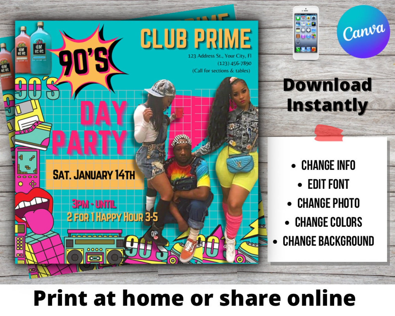 90s Hip Hop Party Flyer Template - Digital Download - Canva Design - Etsy