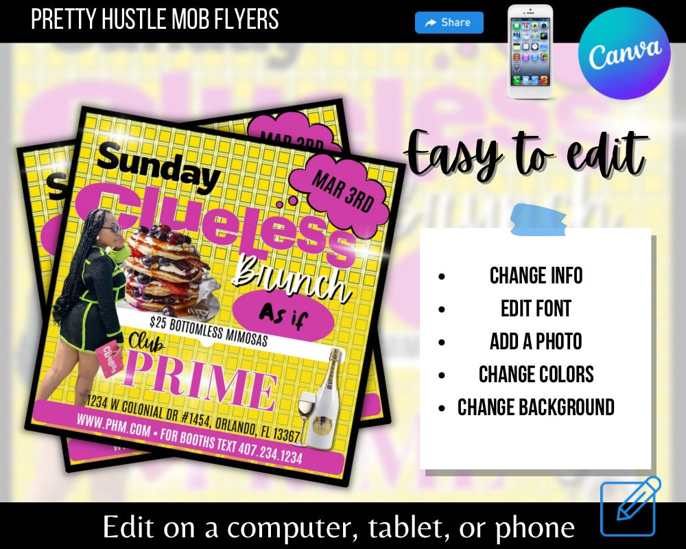 Clueless Themed Brunch Flyer Template | Editable Canva Template ...