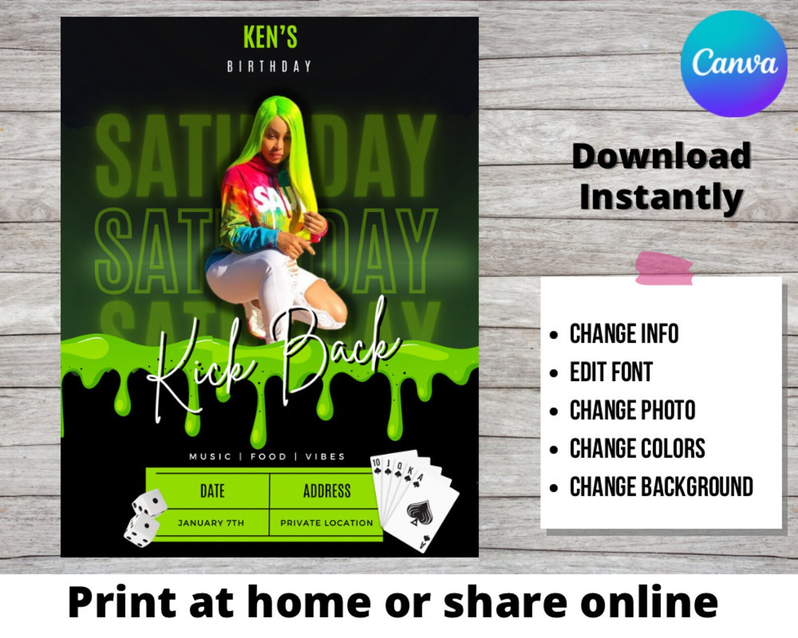 Lime Green Kickback Club Party Flyer Template for Canva, DIY Event ...