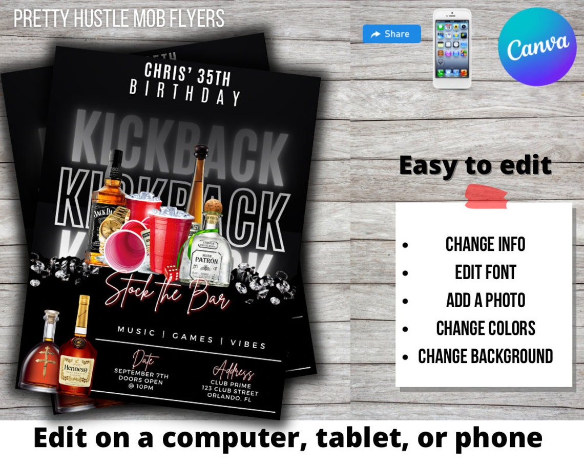Black and White Kickback Club Party Flyer Template for Canva, DIY Event ...