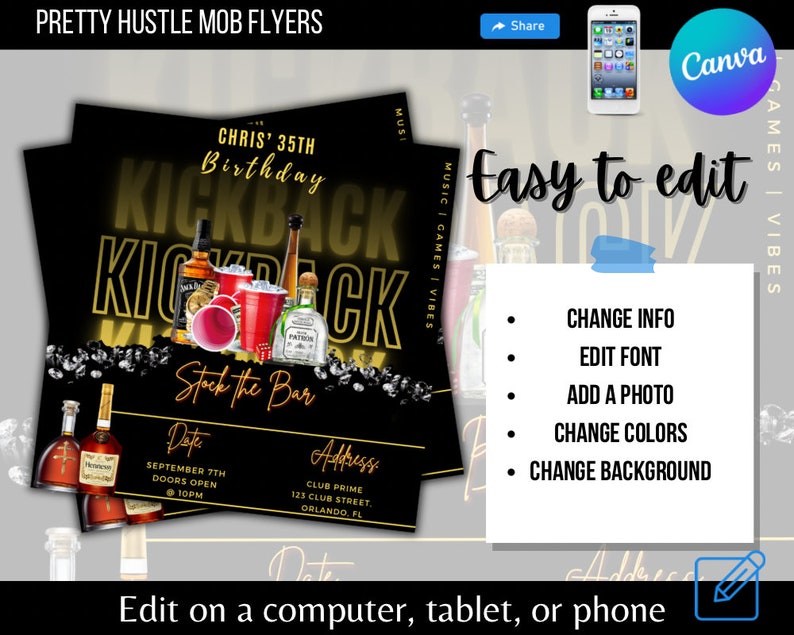 Kickback Party Flyer Template: Black and Gold Event Invite (DIY Canva ...