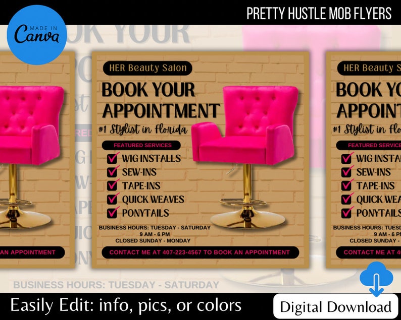 Pink and Gold Booking Available Business Flyers | Hairstylist Flyers ...