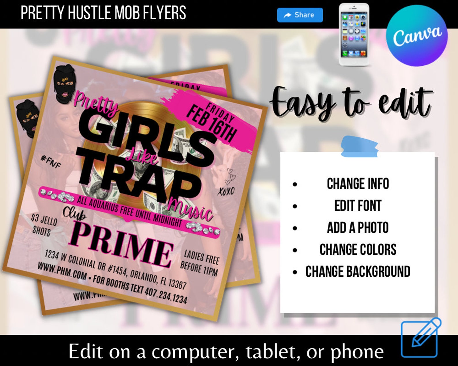 Pretty Girls Like Trap Music Flyer Template for Canva, DIY Event Flyer ...