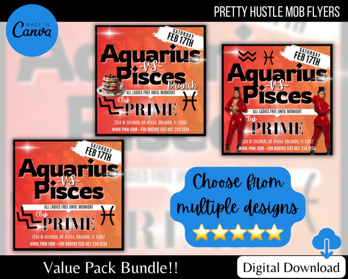 Aquarius Vs Pisces Flyer Template for Canva, DIY Event Flyer Template ...