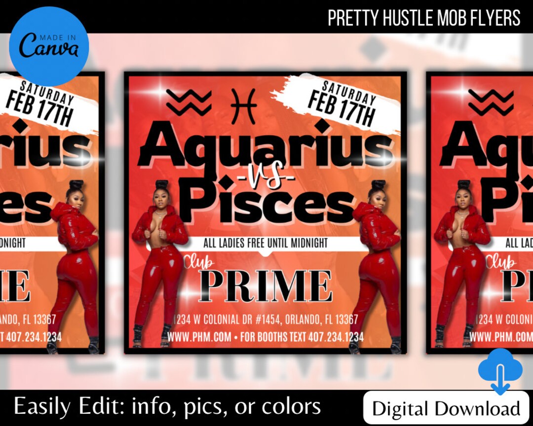 Aquarius Vs Pisces Flyer Template for Canva, DIY Event Flyer Template ...