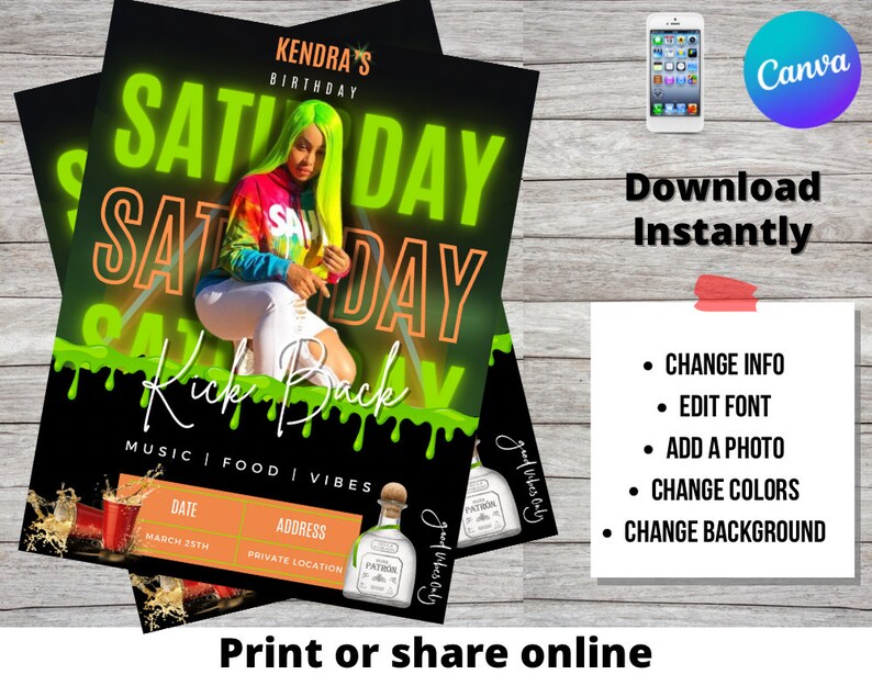 Green Kickback Club Party Flyer Template For Canva DIY Event Etsy