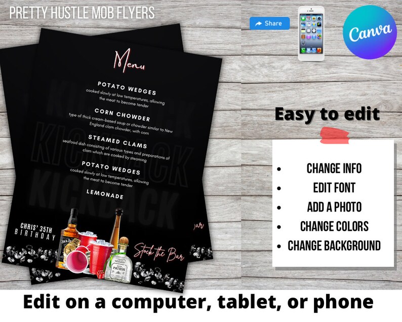 Black and White Kickback Menu Template for Canva - Etsy