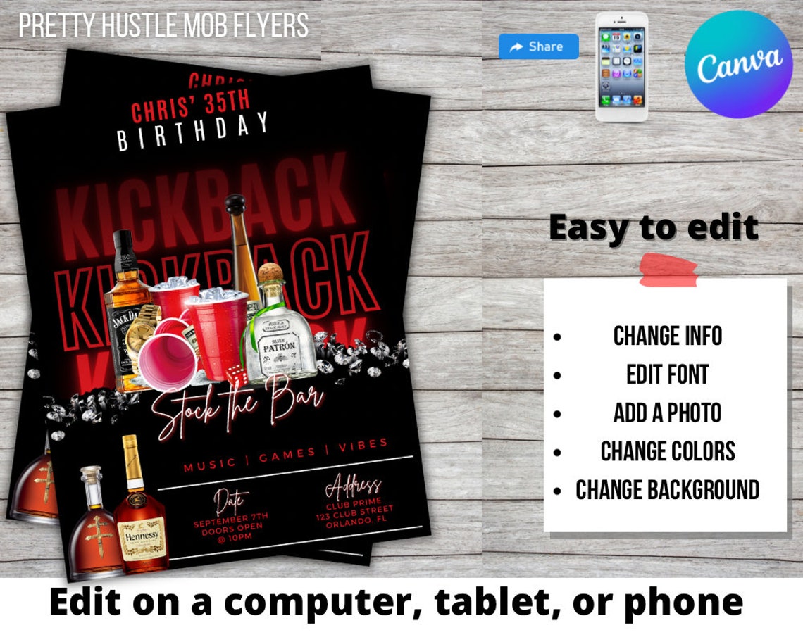 Red and Black Kickback Club Party Flyer Template for Canva, DIY Event ...