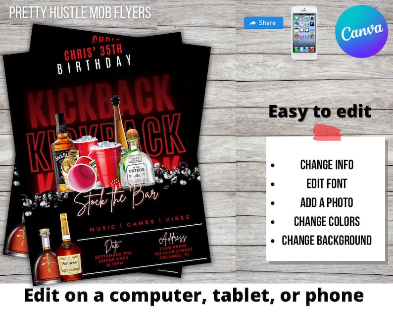 Red and Black Kickback Club Party Flyer Template for Canva, DIY Event ...