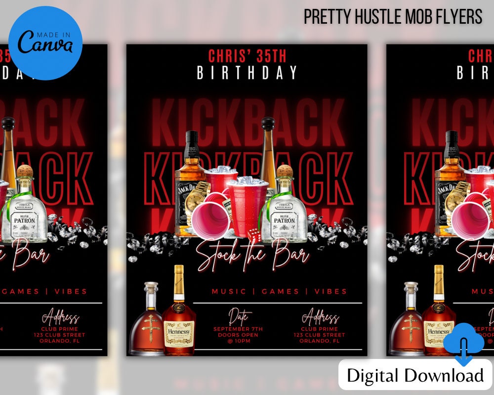 Red and Black Kickback Club Party Flyer Template for Canva, DIY Event ...