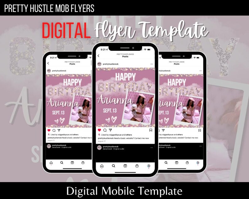 Pink Glitter Birthday Flyer Template | Instant Download - Etsy