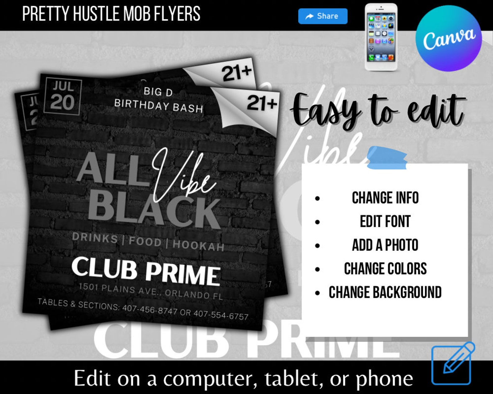 All Black Party Flyer Template for Canva, DIY Event Flyer Template ...