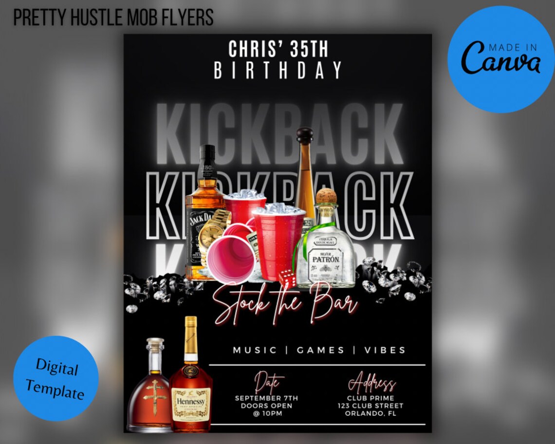 Black and White Kickback Club Party Flyer Template for Canva, DIY Event ...