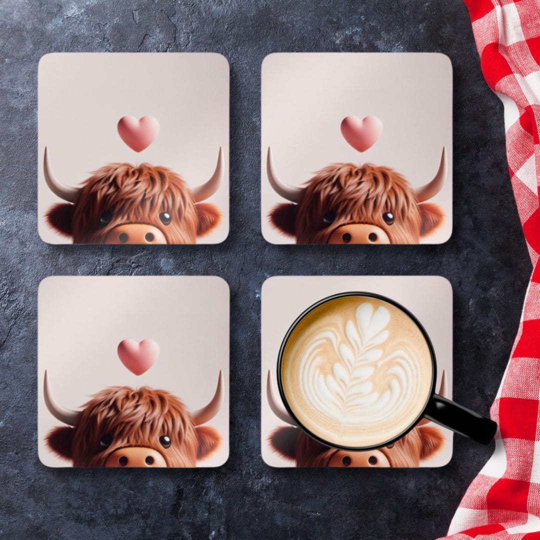Cute Highland Cow Cork Coaster Set, Rustic Home Decor, Farmhouse Style ...