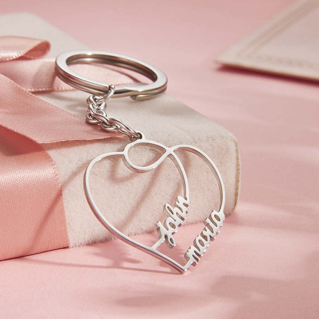 Personalized Two Names Double Heart Keychain Name Couples Gift ...