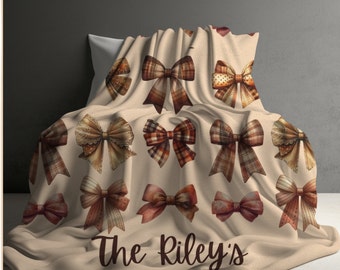 Personalized Fall Coquette Name Gift Blanket, Autumn Pink Bow Coquette ...