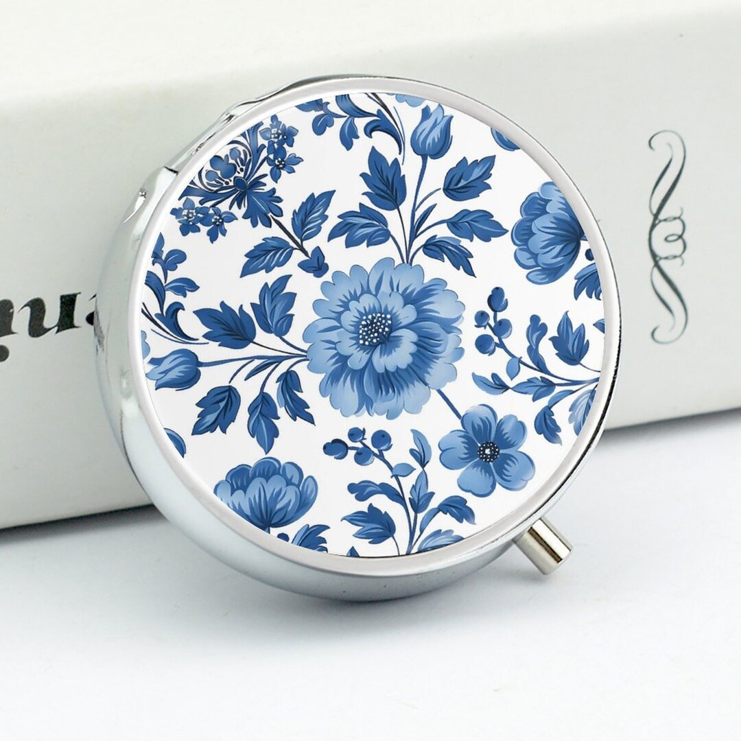 Pill Case Floral Pill Box Blue Flowers Cute Pill Box Vitamin Organizer ...