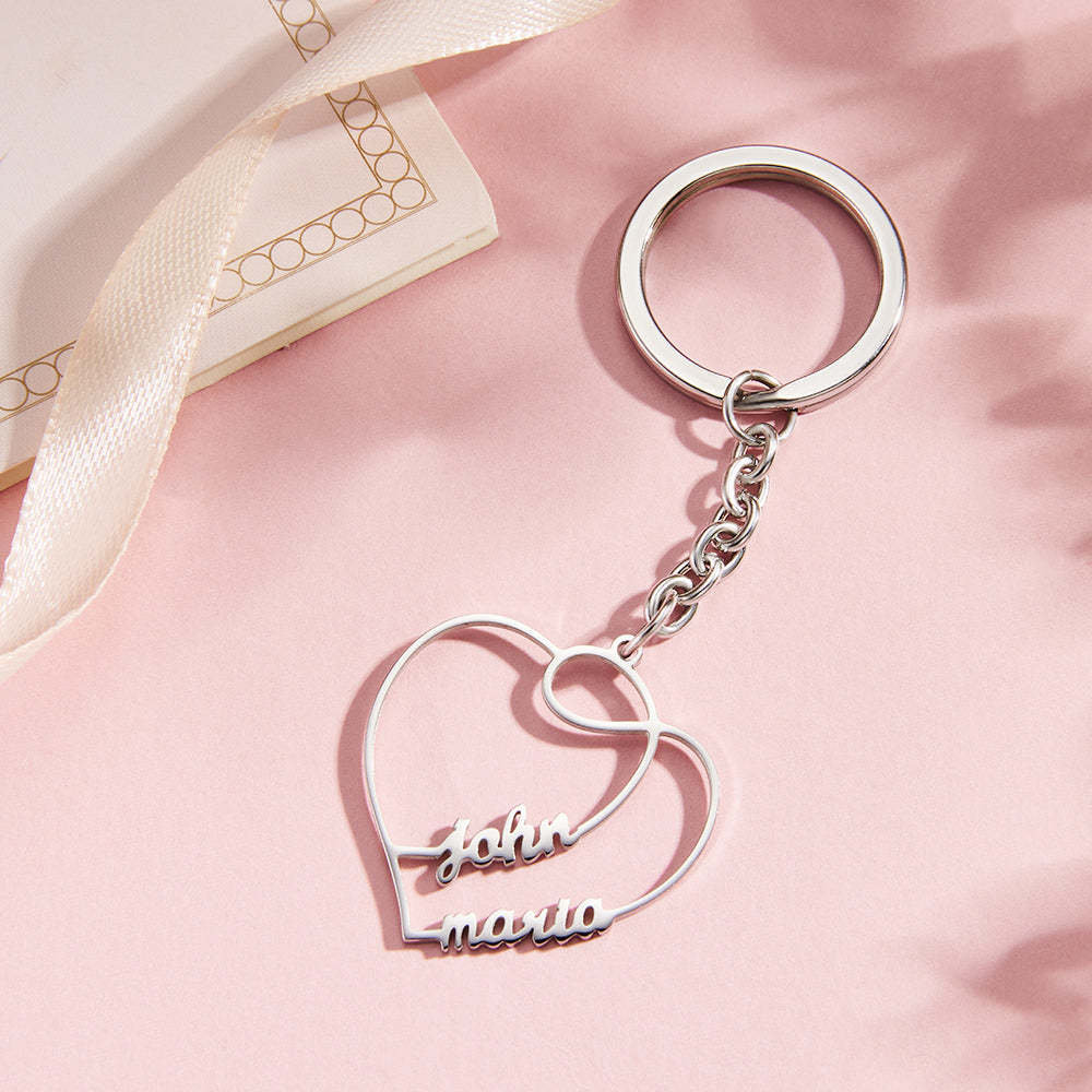 Personalized Two Names Double Heart Keychain Name Couples Gift ...