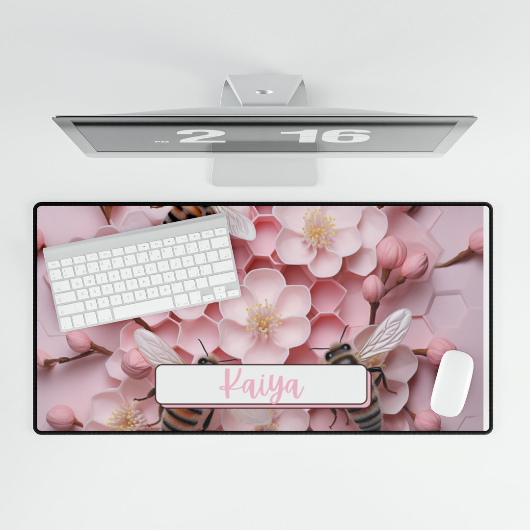 Personalized Coquette Cherry Blossom With Bees Desk Mat, Cute Workspace ...