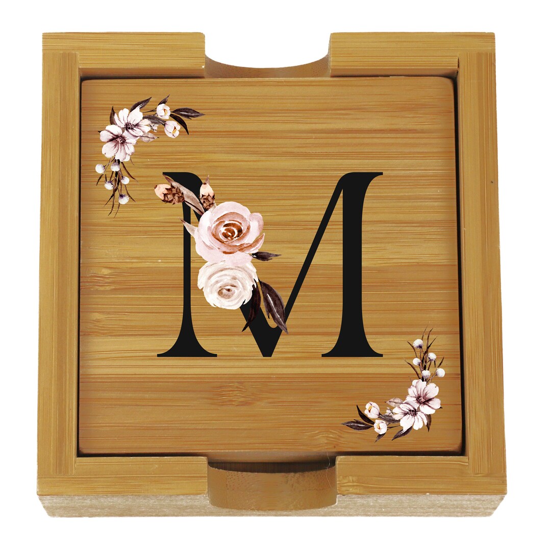 Bamboo Boho Monogram Coaster Set, Personalized Coasters, Engagement ...