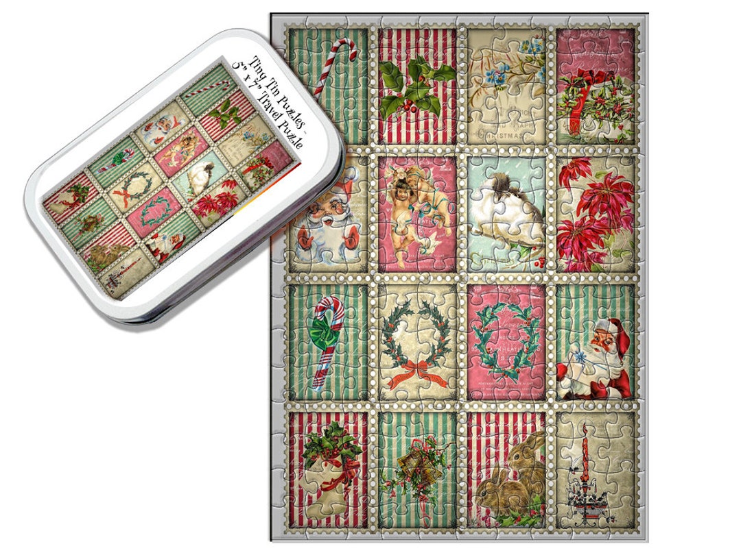 Jigsaw Puzzle | 150pc | Christmas Package Stamps | Tiny Tin Puzzles ...